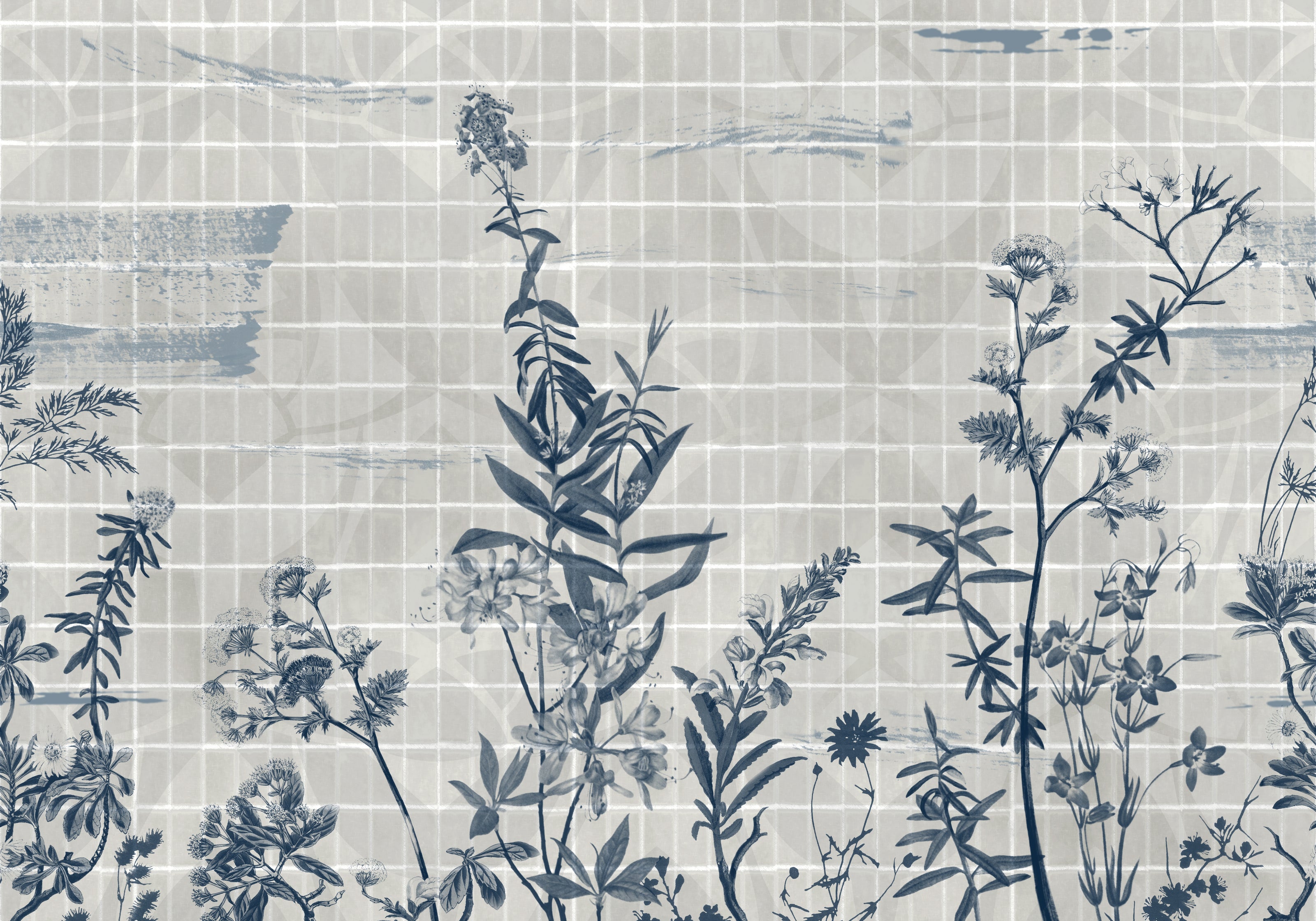 Botanical Grid Blue Wallpaper