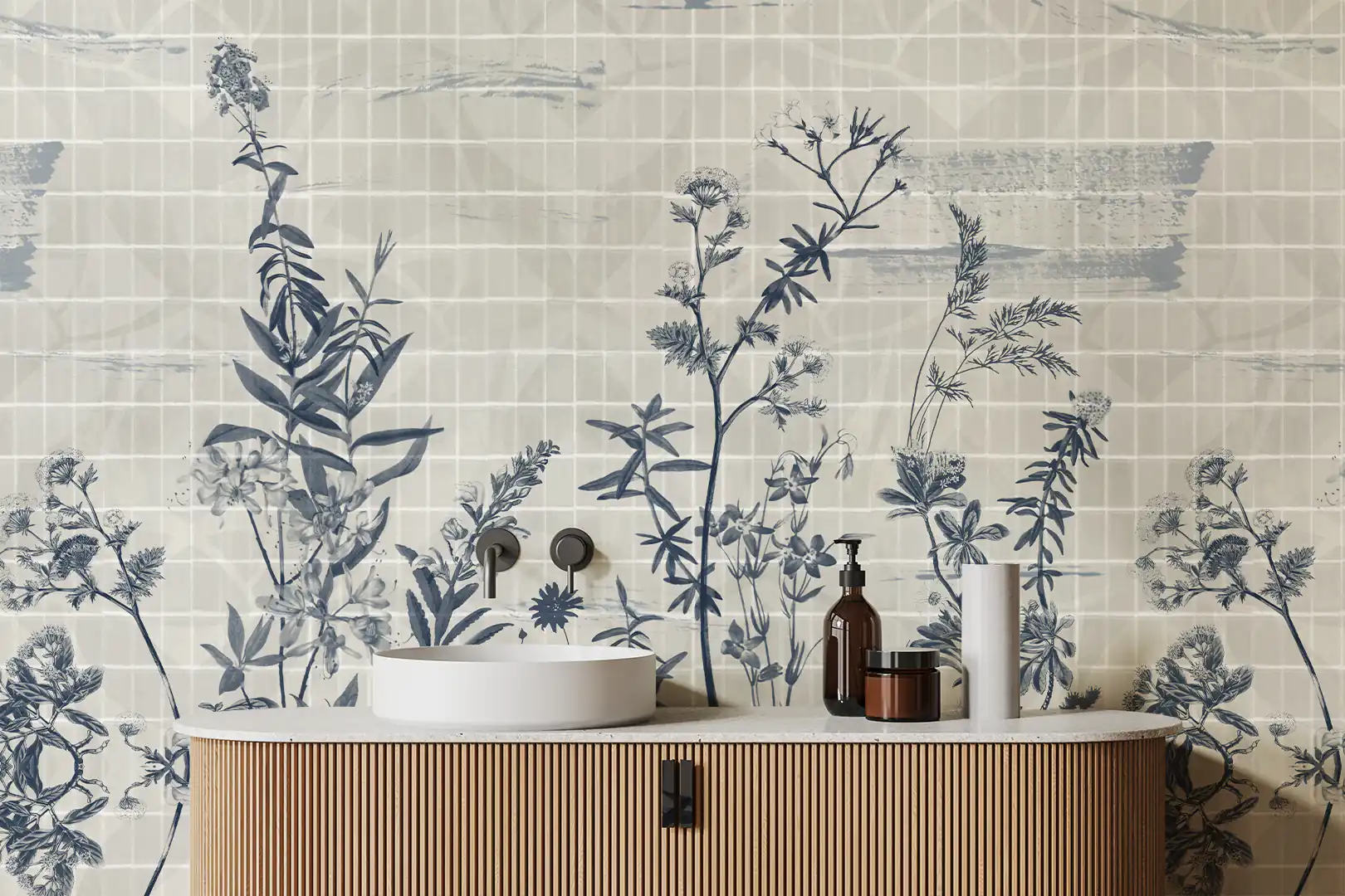 Botanical Grid Blue Wallpaper